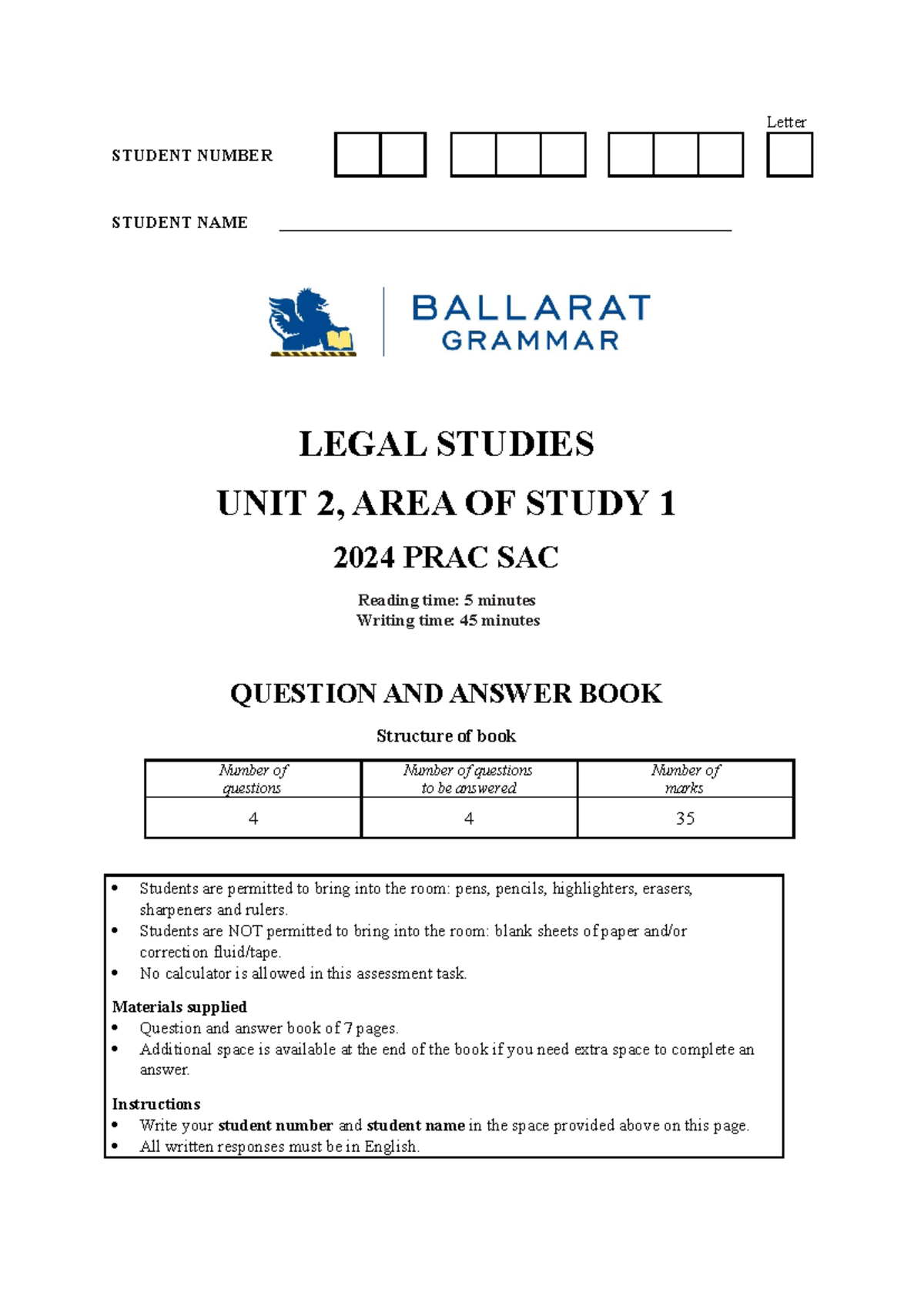 2024 U2 AoS 1 Legal Studies Civil Liability PRAC SAC Guide - Studocu