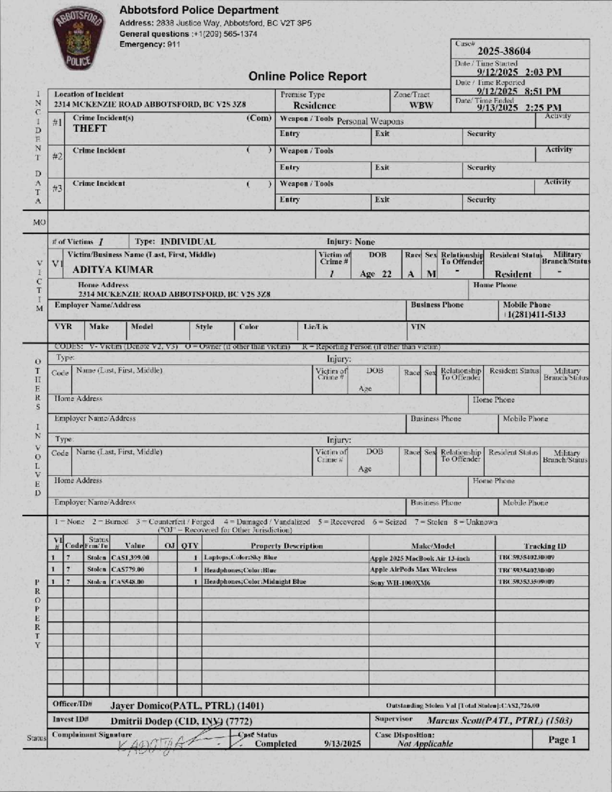 APD#2025-38604 - Abbotsford Police Report on Theft Incident - Studocu