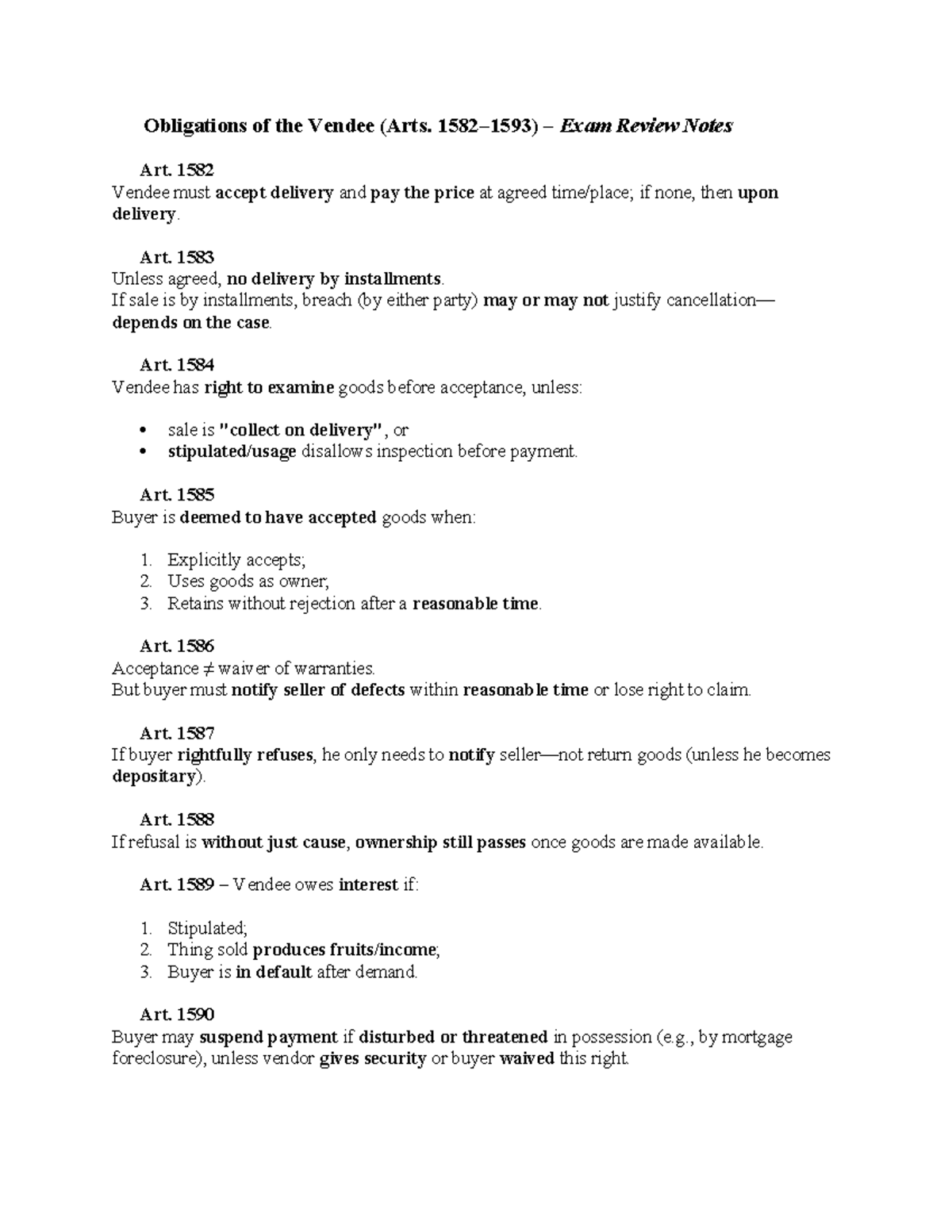 📘 Obligations of the Vendee: Exam Review Notes (Arts. 1582-1590) - Studocu