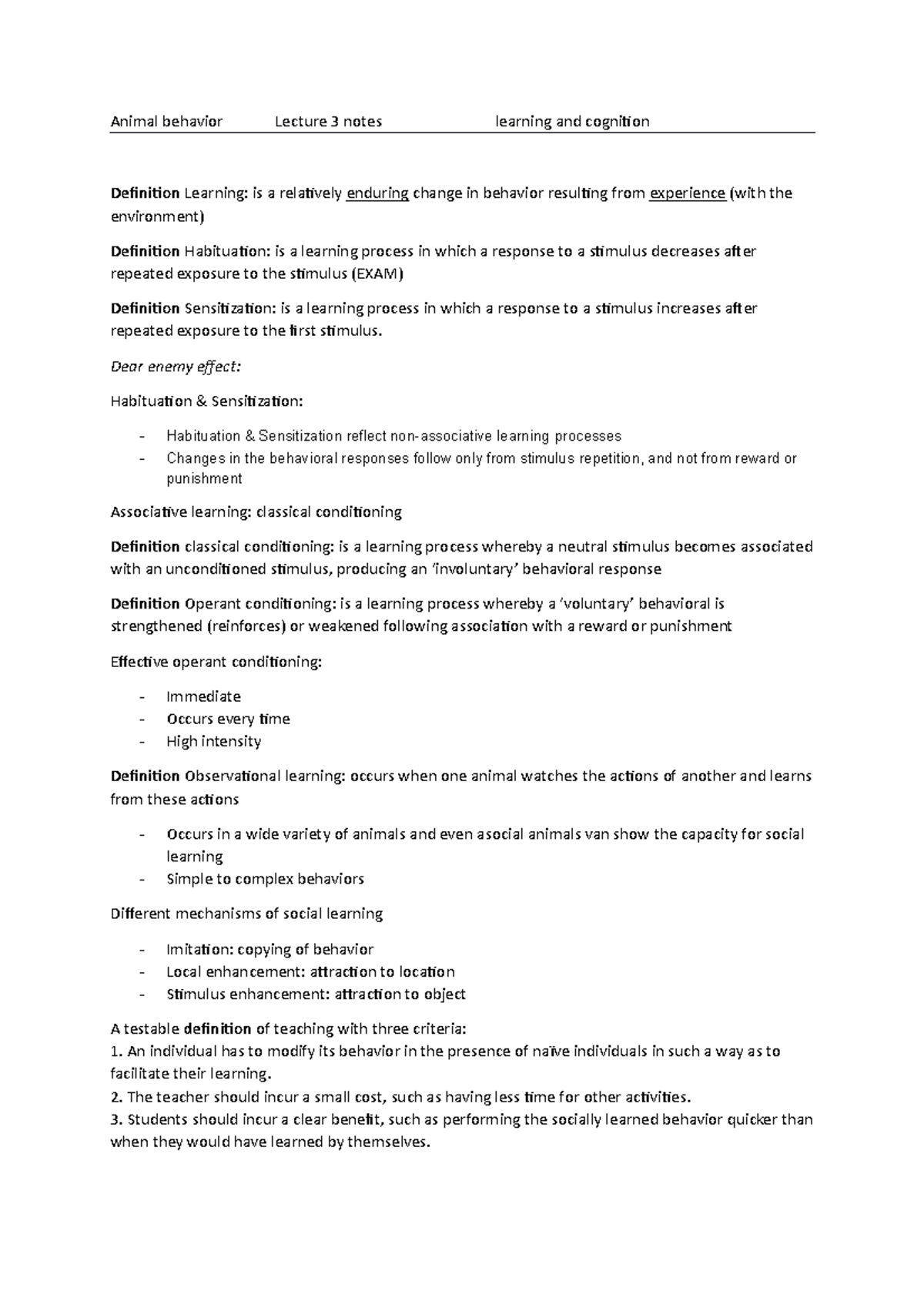 Lecture notes learning and cognition - Animal behavior Lecture 3 notes ...