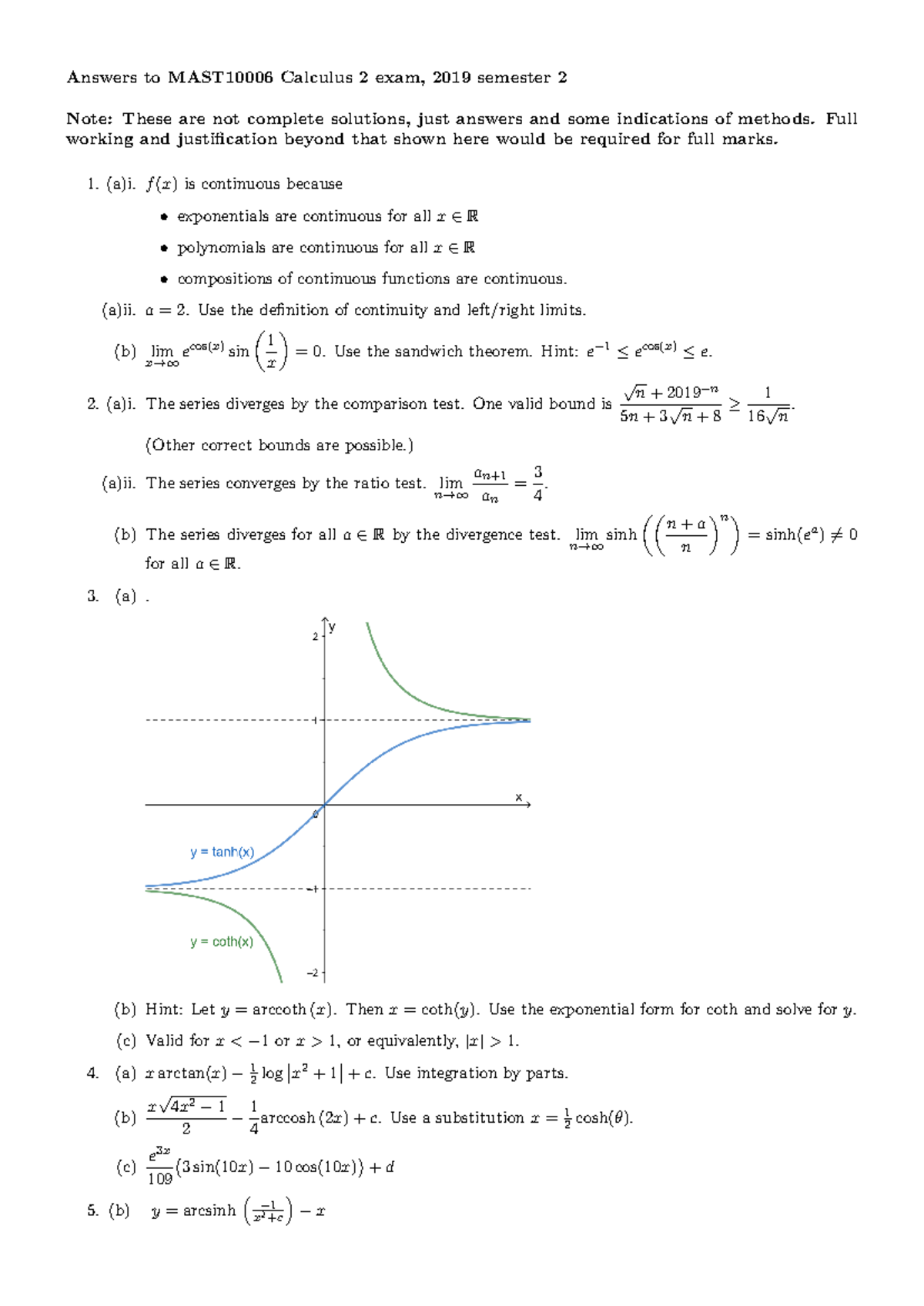 MAST10006_answer_2019_S2 - Answers to MAST10006 Calculus 2 exam, 2019 ...