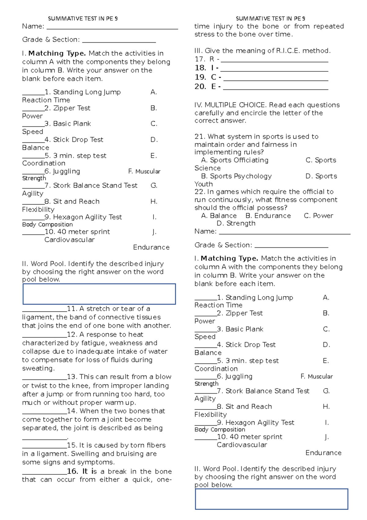 Summative Test in PE9: Injury Identification & Sports Components - Studocu