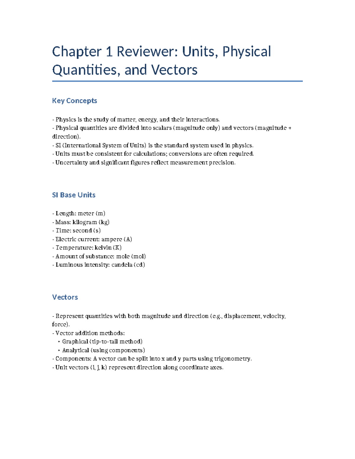 Chapter 1 Physics Review: Units, Vectors & Key Concepts - Studocu