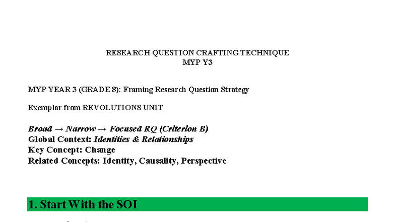 RQ Crafting Strategy for MYP Y3: Framing Research Questions in ...