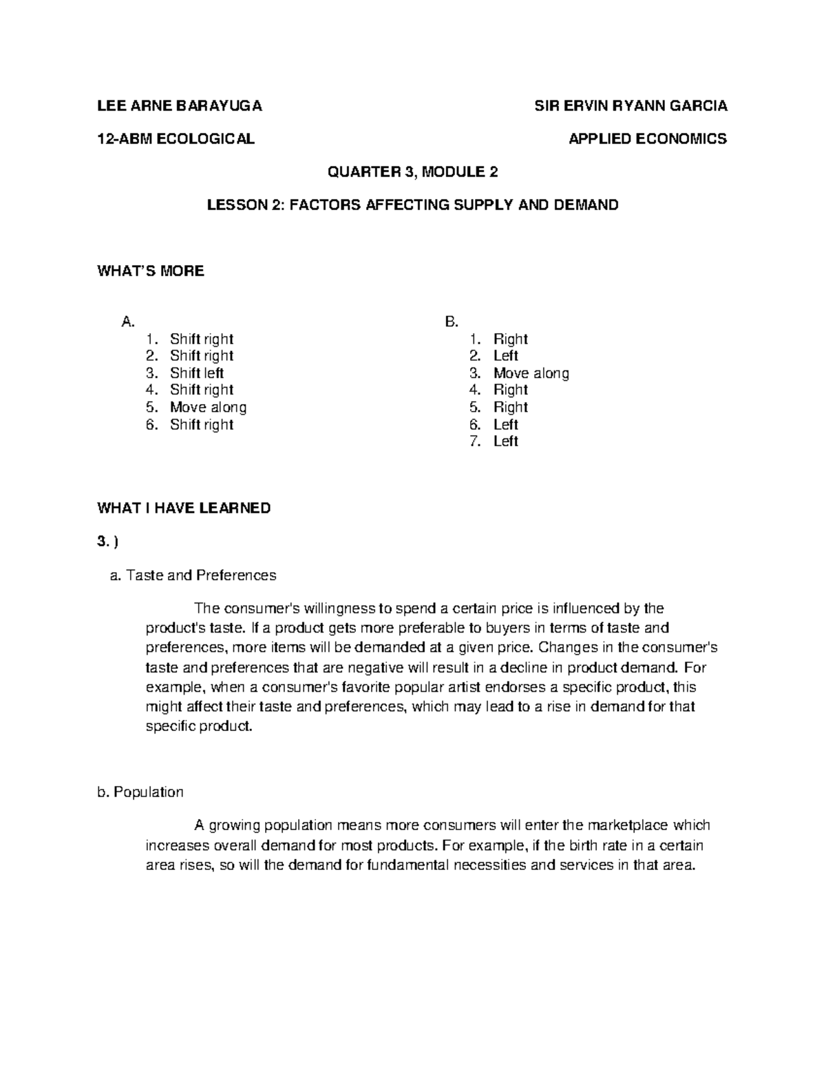 Applied economics Lesson 2 Factors Affecting Supply and Demand - LEE ...