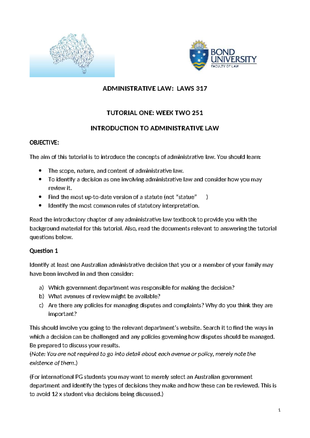 ADMINISTRATIVE LAW: LAWS 317 TUTORIAL ONE WEEK TWO OVERVIEW - Studocu