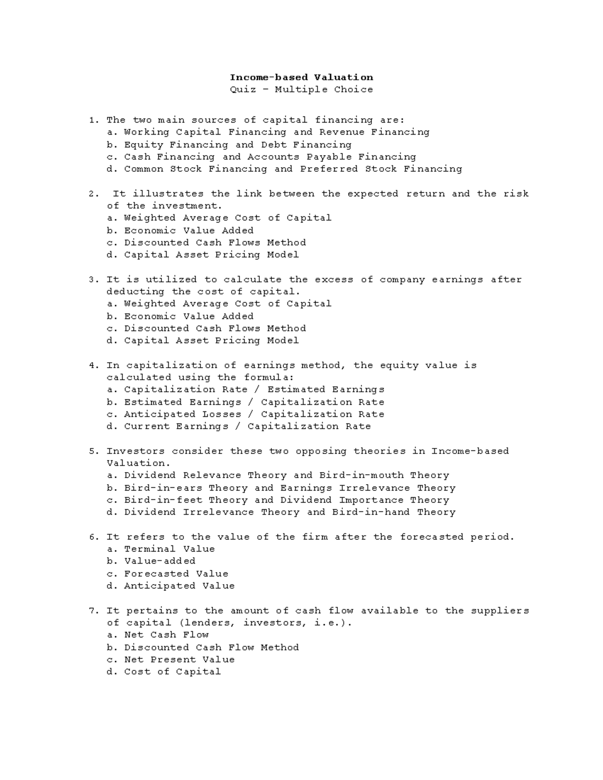 Income-based Valuation QUIZ: Key Concepts and Multiple Choice Questions ...