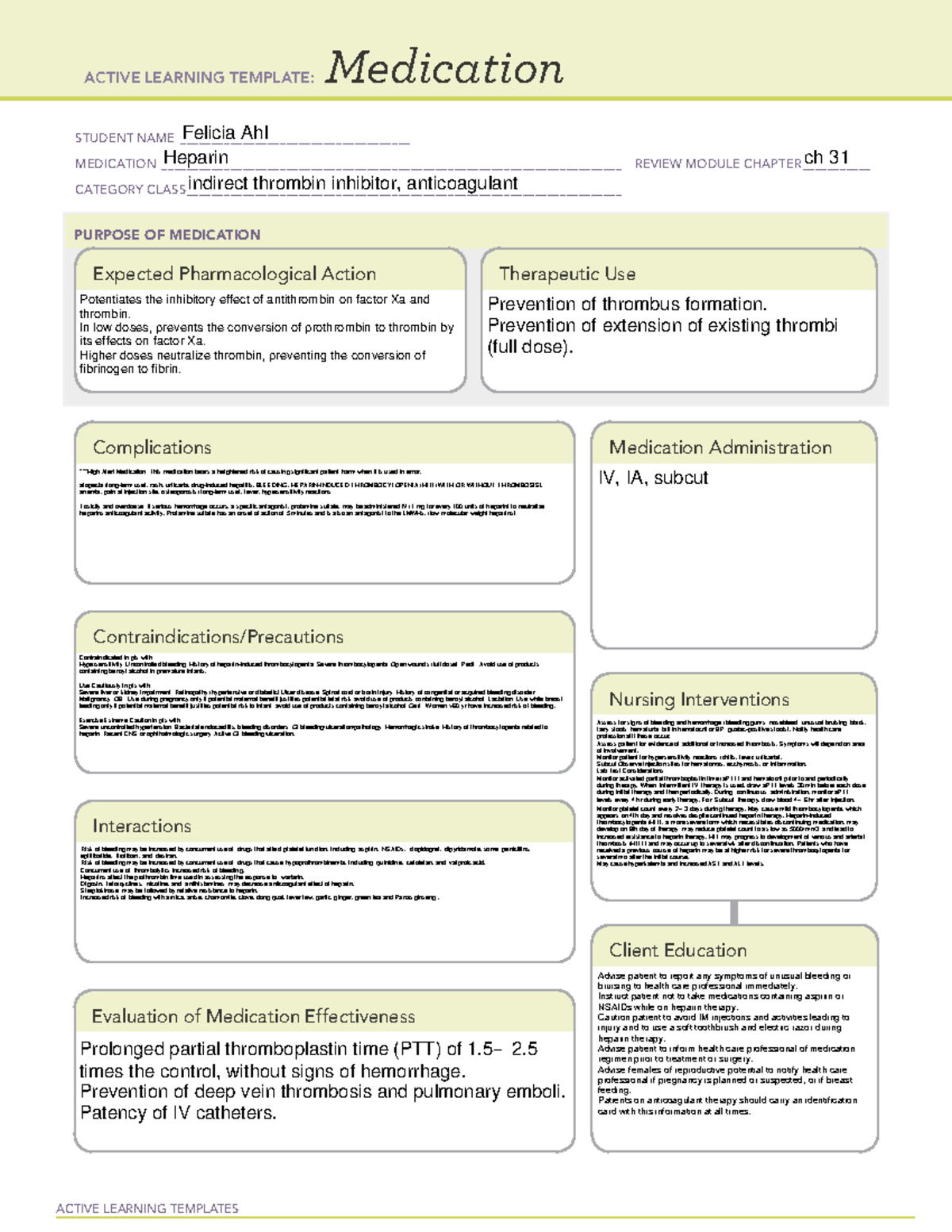 Heparin Drug Card Detailed Overview for Med 101 - Chapter 31 - Studocu