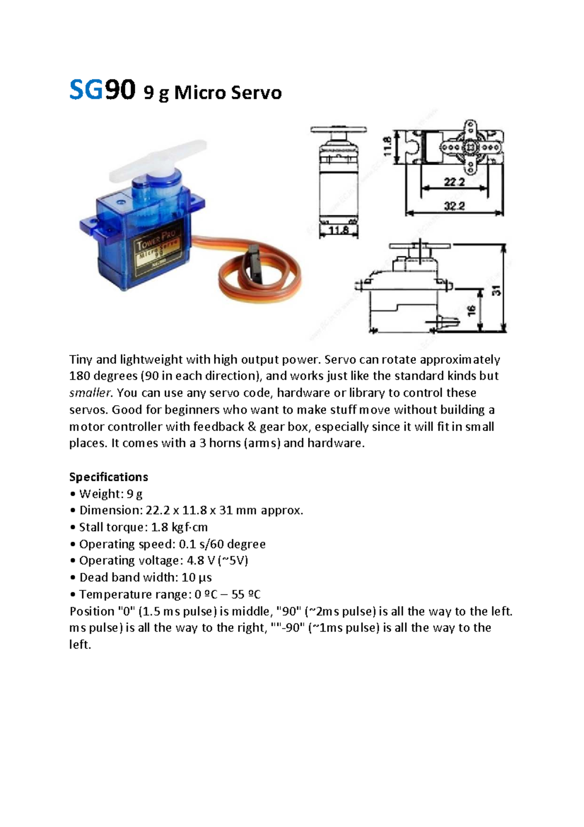 SG90 Micro Servo Data Sheet: Specs & Features Overview - Studocu