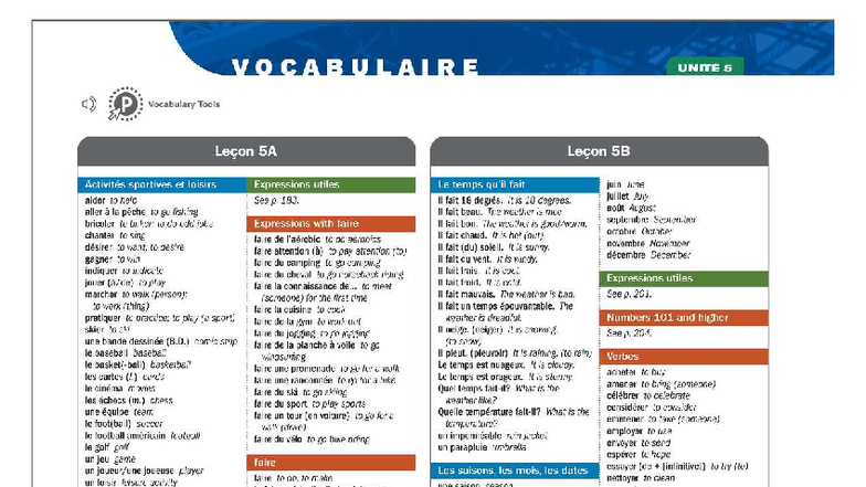 Unité 5 - Leçon 5A & 5B: Vocabulaire Sportif et Météo - Studocu