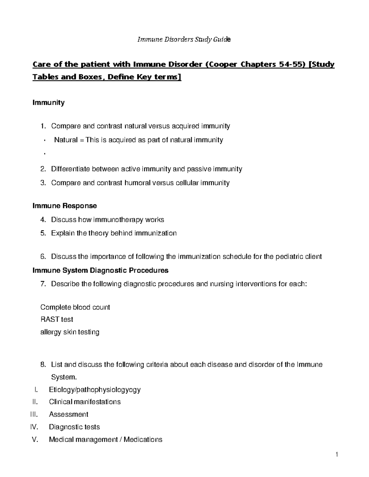 Immune Disorders Study Guide (Cooper Ch. 54-55 & Workman Ch. 8-11 ...