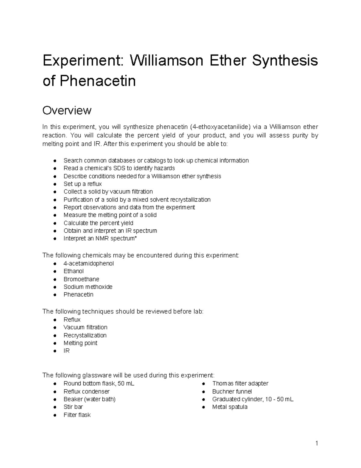 302 Notebook Phenacetin - Experiment: Williamson Ether Synthesis of ...