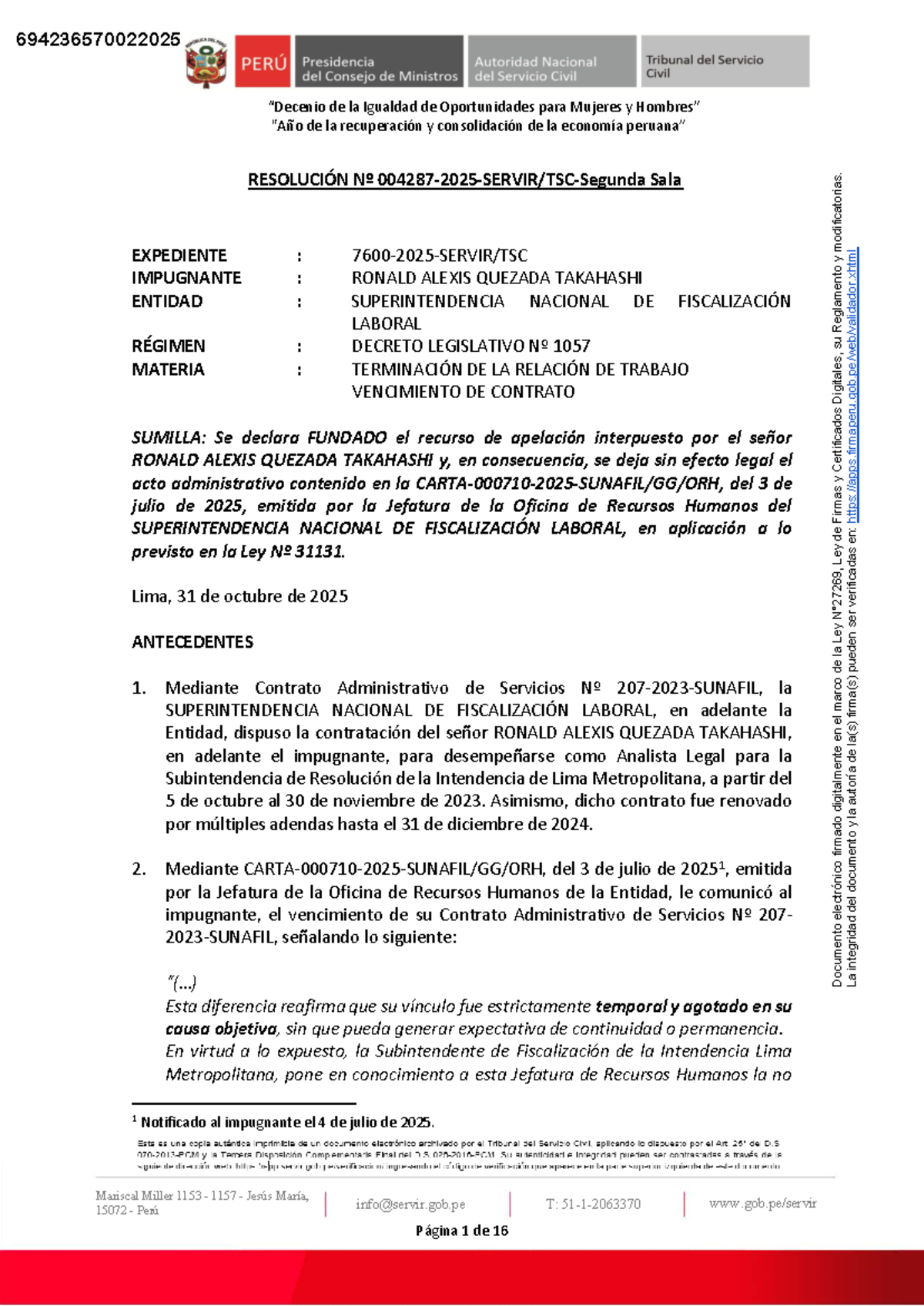 Resolución de Apelación: Ronald A. Quezada Takahashi - DL 1057 - Studocu