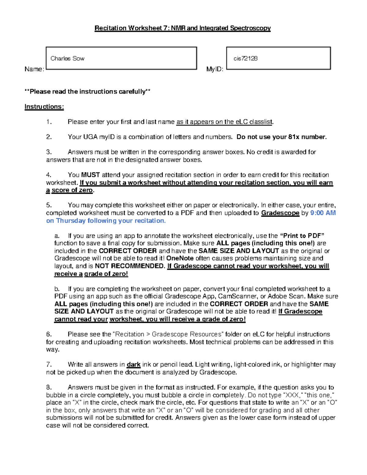 CHEM 2211 Recitation Worksheet 7: NMR & Integrated Spectroscopy - Studocu