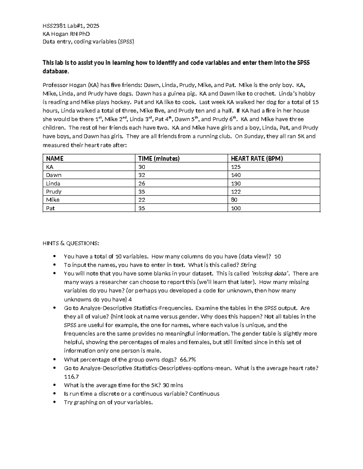HSS2381 Lab #1 - Data Entry & Variable Coding in SPSS - Studocu