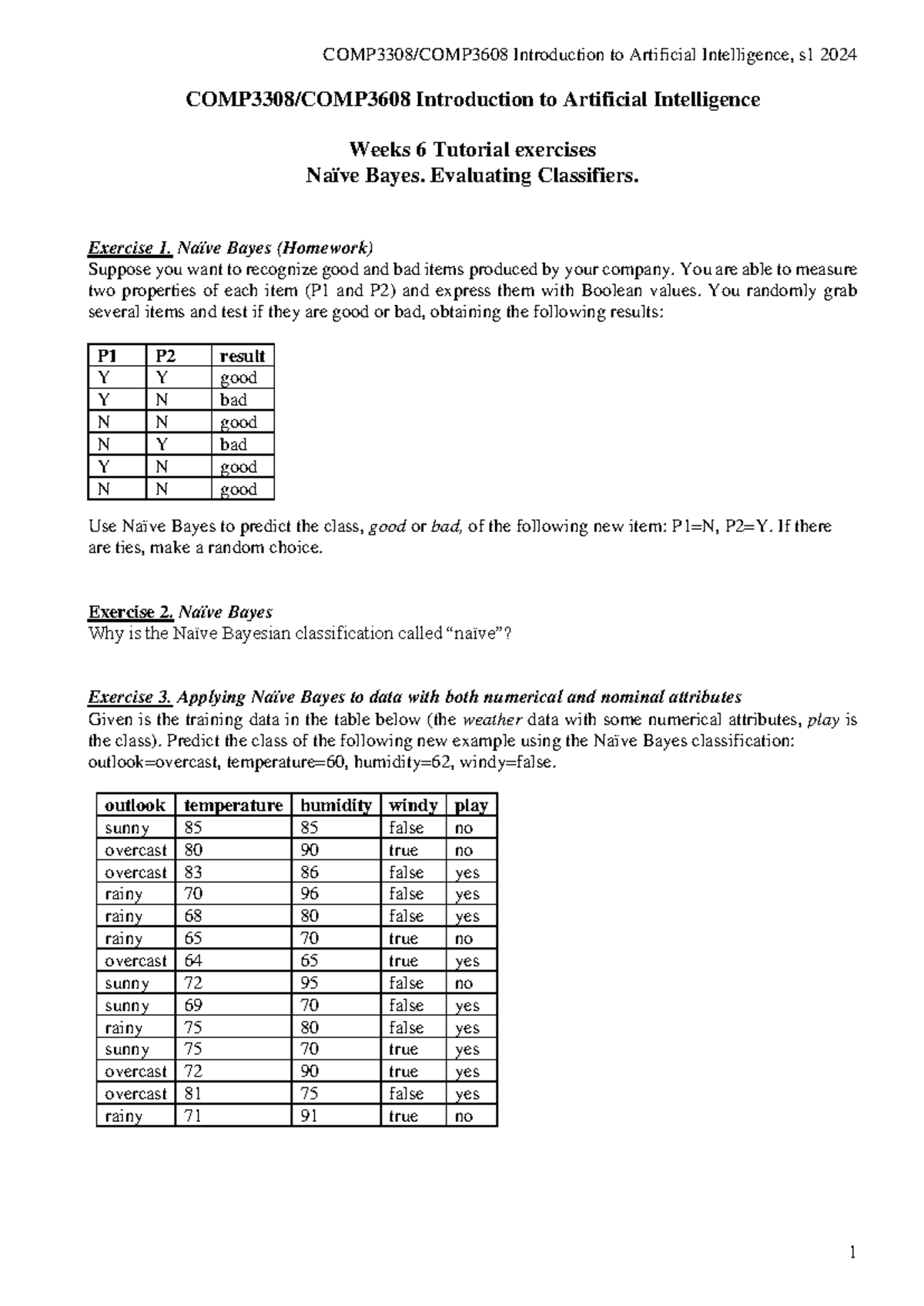 COMP3308/COMP3608 Week 6 Tutorial: Naïve Bayes Exercises - Studocu