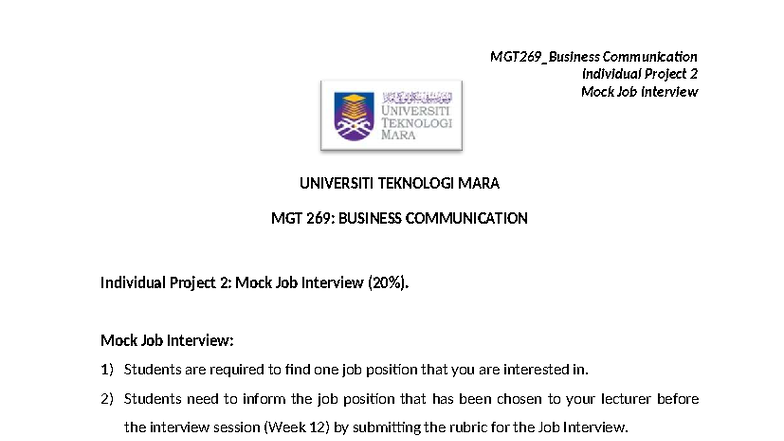 MGT269 Individual Project 2-Mock Job Interview(20%) - MGT269_Business ...
