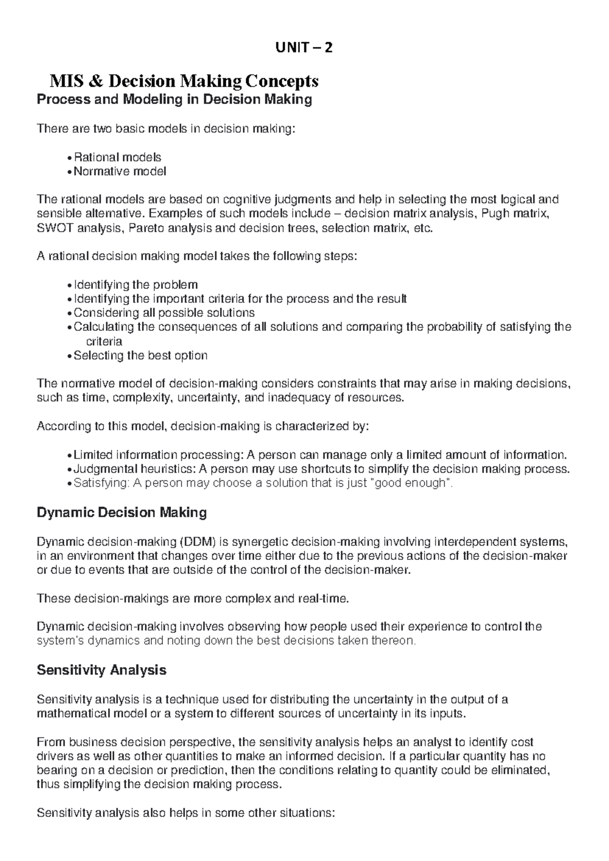 Unit 2 - MIS Notes: Decision Making, Models, and Information Management ...