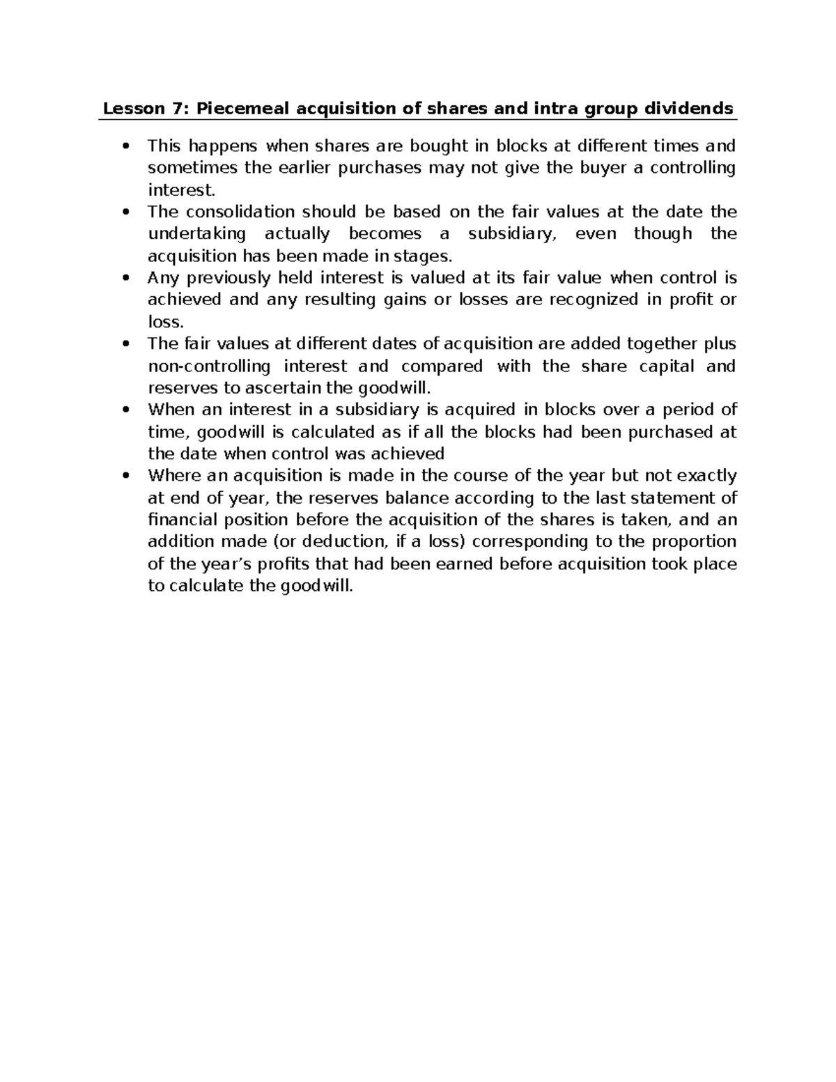 Lesson 7: Piecemeal Acquisition of Shares & Intra-group Dividends - Studocu