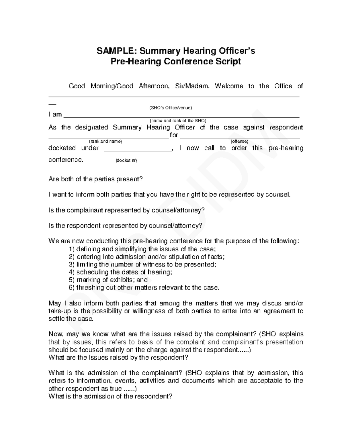 Summary Hearing Officer Pre-Hearing Conference Script Guide - Studocu
