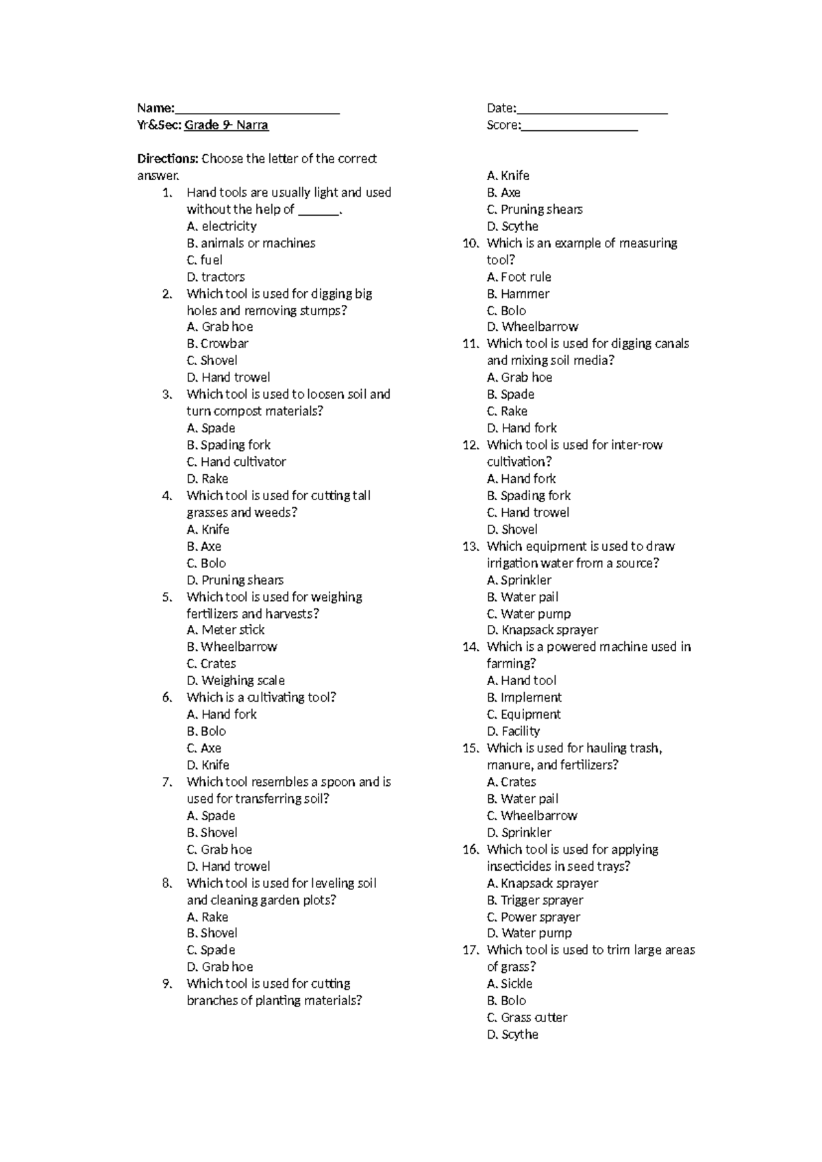 TLE 9 3rd Quarter Exam: Tools, Equipment, and Safety in Nursery Work ...