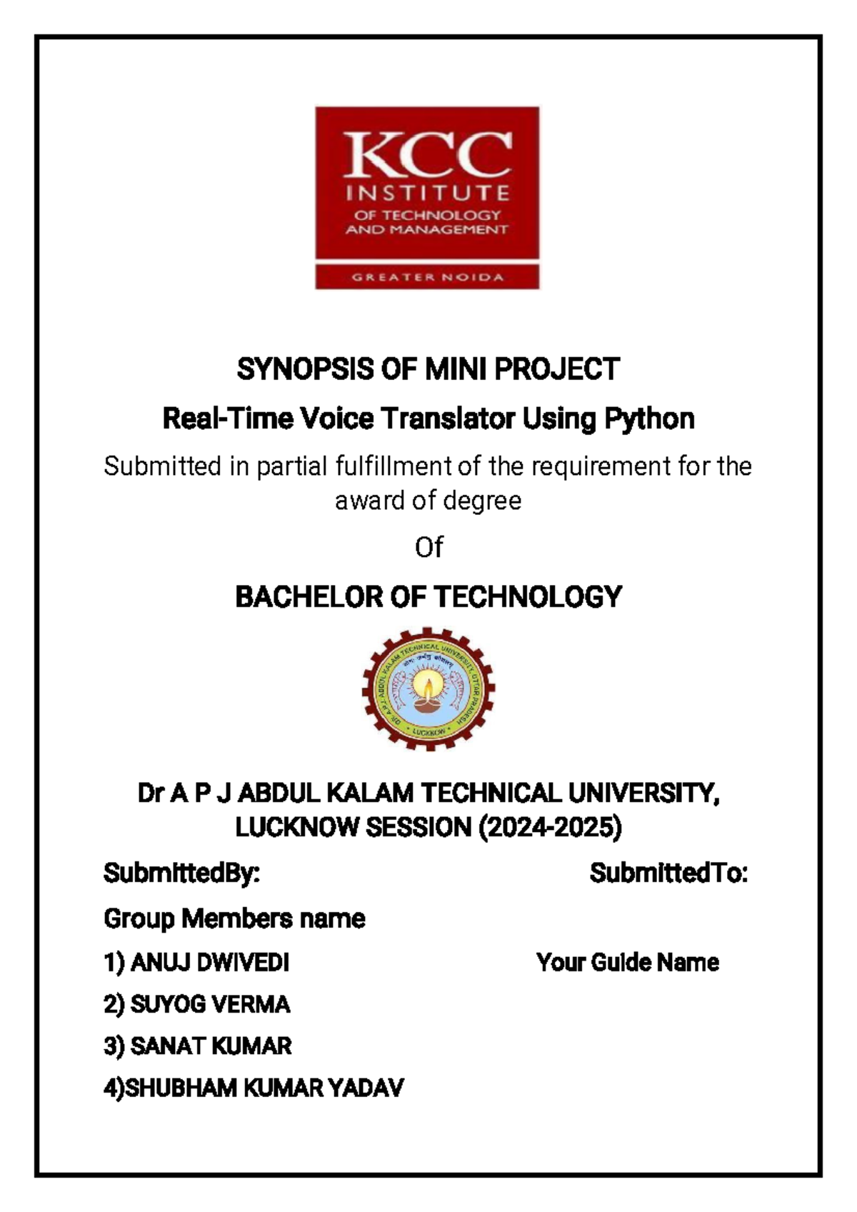 Front - Practical - B.Tech CSE (3rd Year) - SYNOPSIS OF MINI PROJECT Real-Time Voice Translator ...