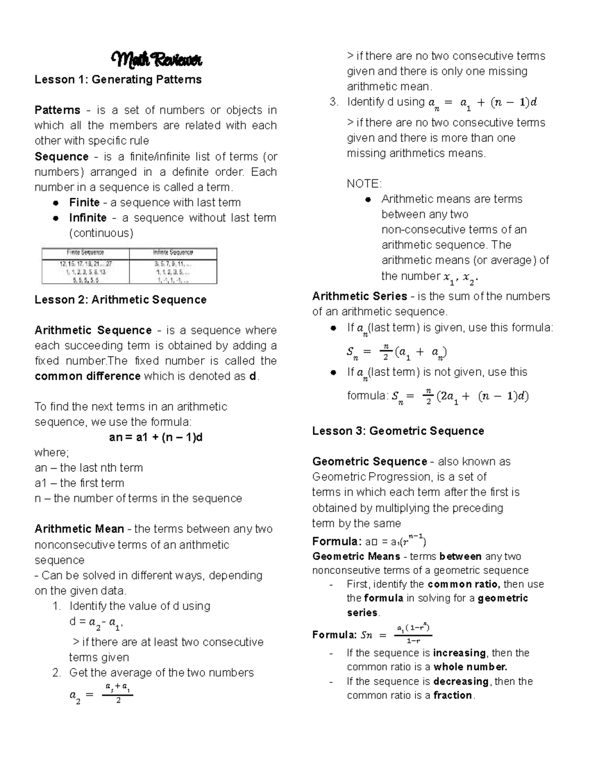 MATH 10-Q1 Reviewer: Patterns, Sequences, and Polynomials - Studocu