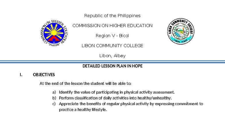 Detailed Lesson Plan in HOPE: Value of Physical Activity Assessment ...