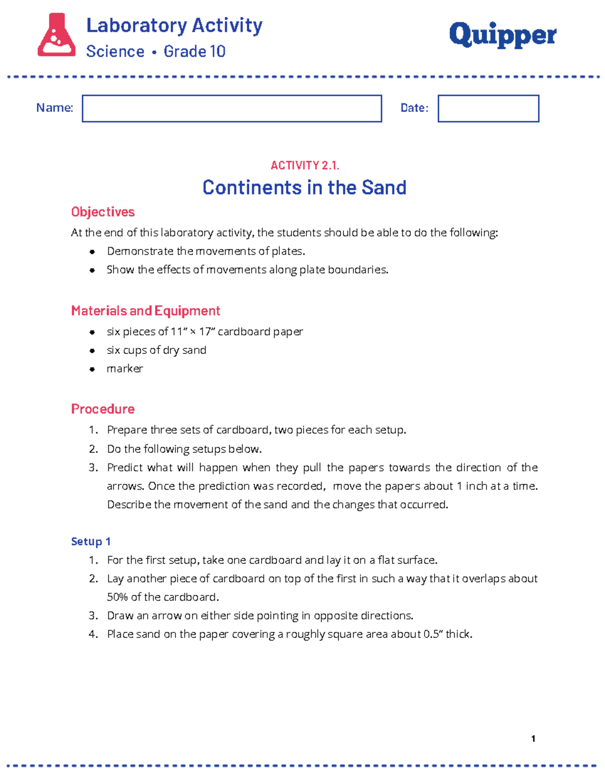 ME Sci 10 Q1 02 LA - Laboratory Activity on Plate Movements and Land ...