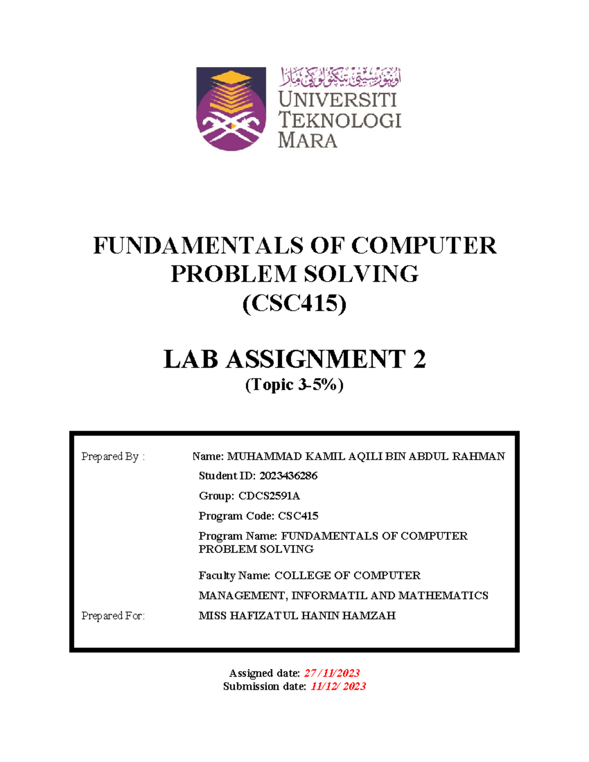 CSC415 Lab Assignment 2: Computer Problem Solving Fundamentals - Studocu