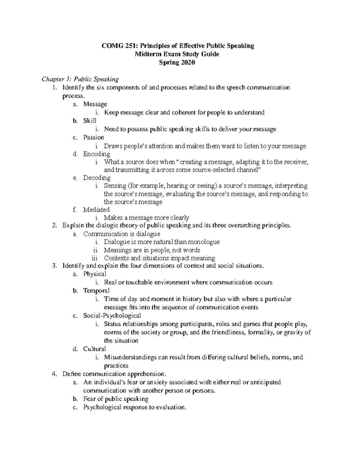 Midterm Exam Study Guide - COMG 251: Principles of Effective Public Speaking Midterm Exam Study ...