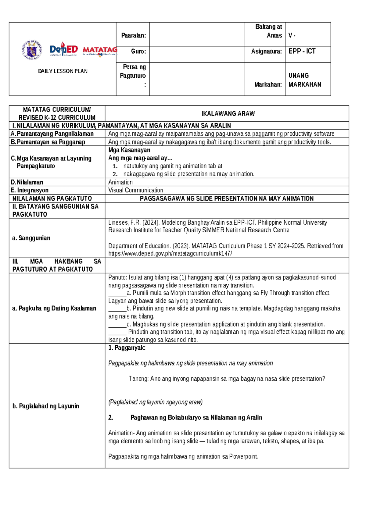 Daily Lesson Plan: EPP 5 Matatag - Slide Presentation with Animation ...