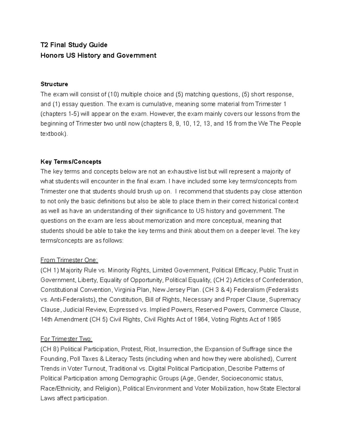 T2 Honors US History & Gov Final Exam Study Guide - Studocu