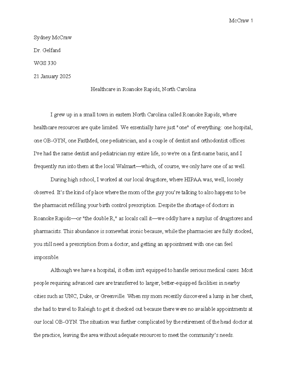 Health in NC Report - McCraw 1 Sydney McCraw Dr. Gelfand WGS 330 21 ...