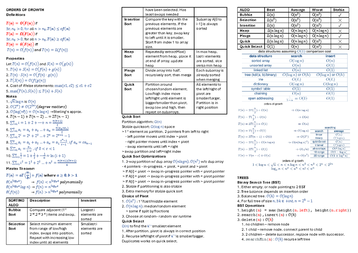CS2040S - midterm - ORDERS OF GROWTH Definitions 𝑻(𝒏) = 𝑶(𝑭(𝒏)) if ∃𝑐 ...