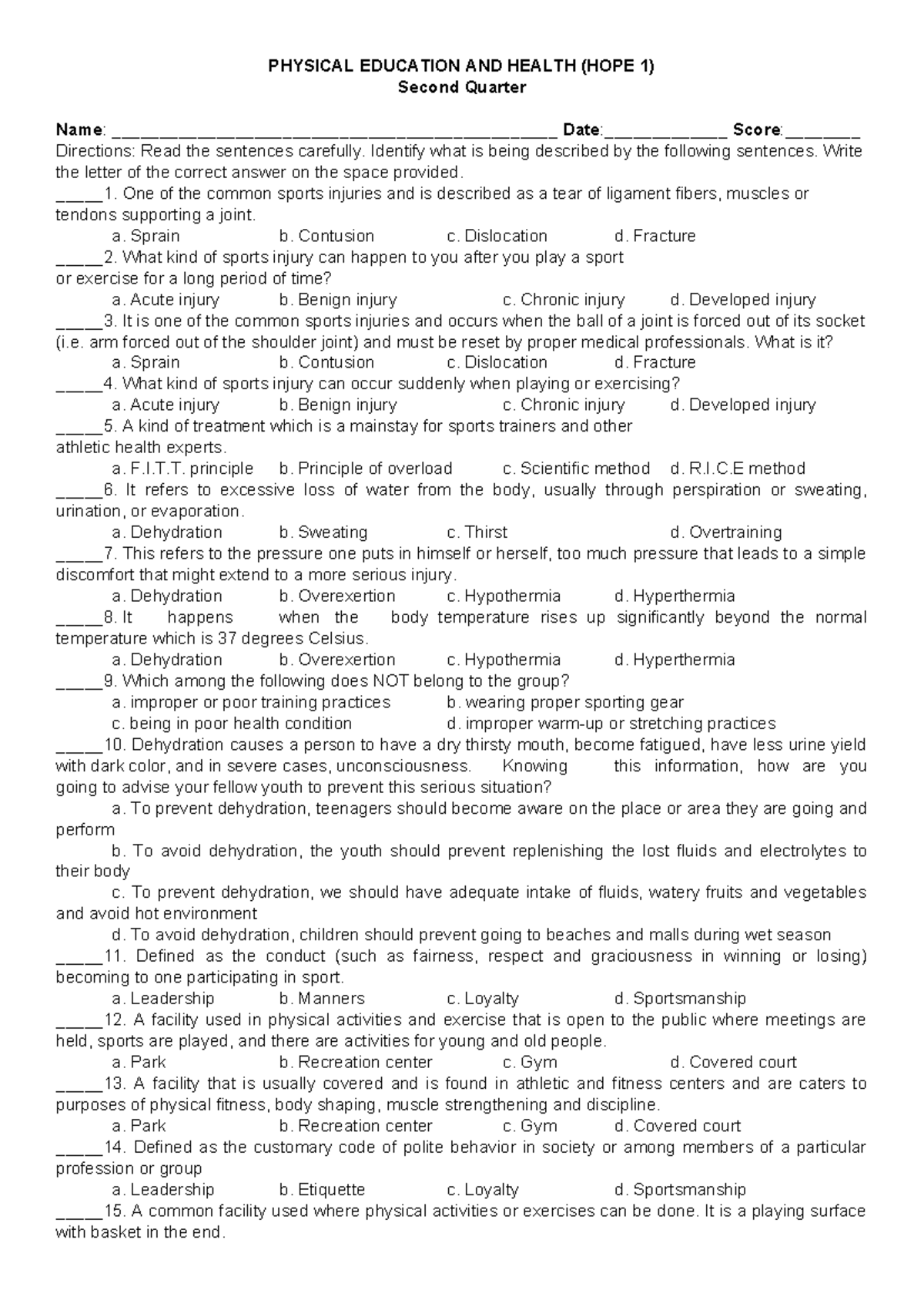 PHYSICAL EDUCATION AND HEALTH (HOPE 1) Second Quarter Quiz - Studocu