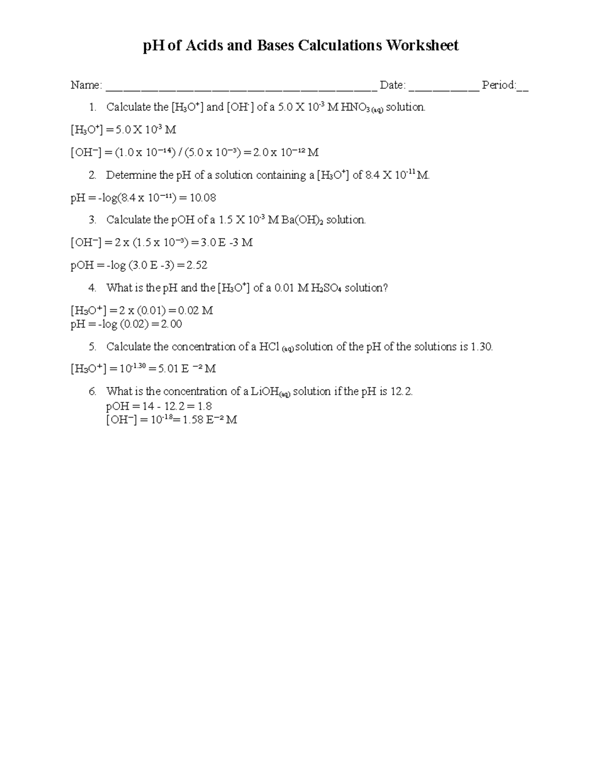 pH and Concentration Calculations Worksheet for Chemistry (Course Code ...