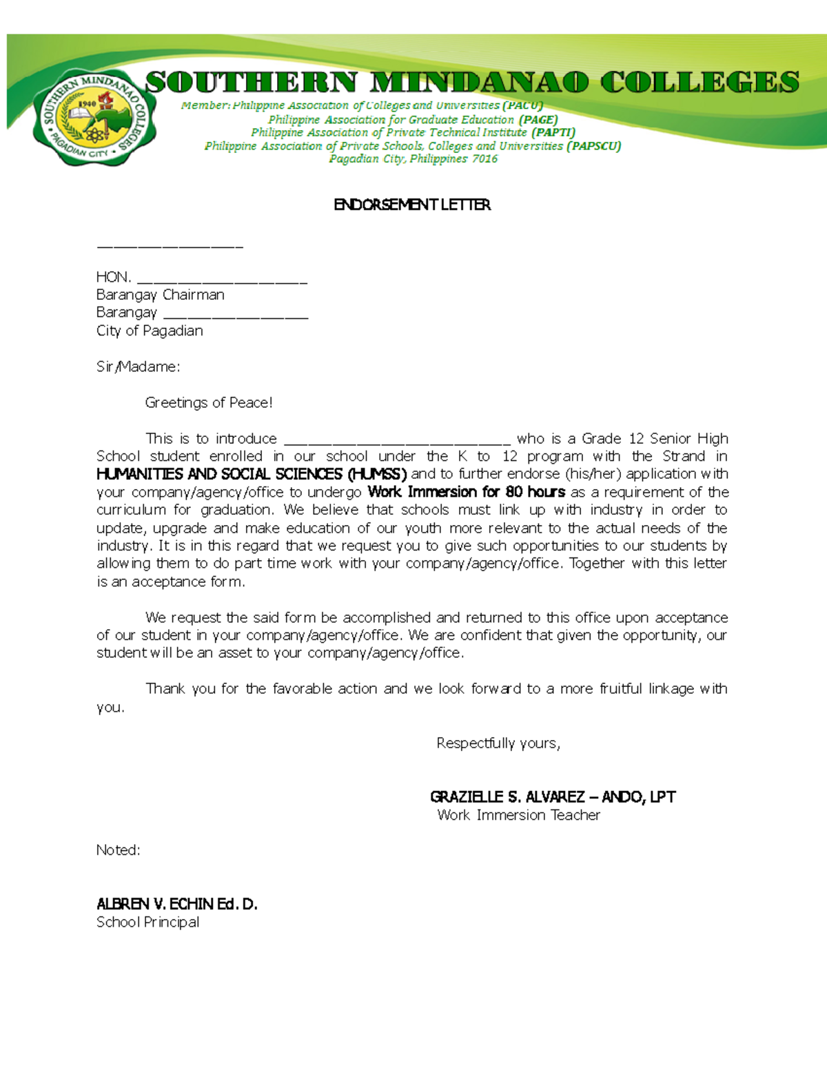 HUMSS WORK Immersion Endorsement Letter for Grade 12 Student - Studocu