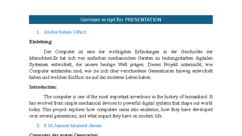 German Script for Presentation: Evolution of Computers - Studocu