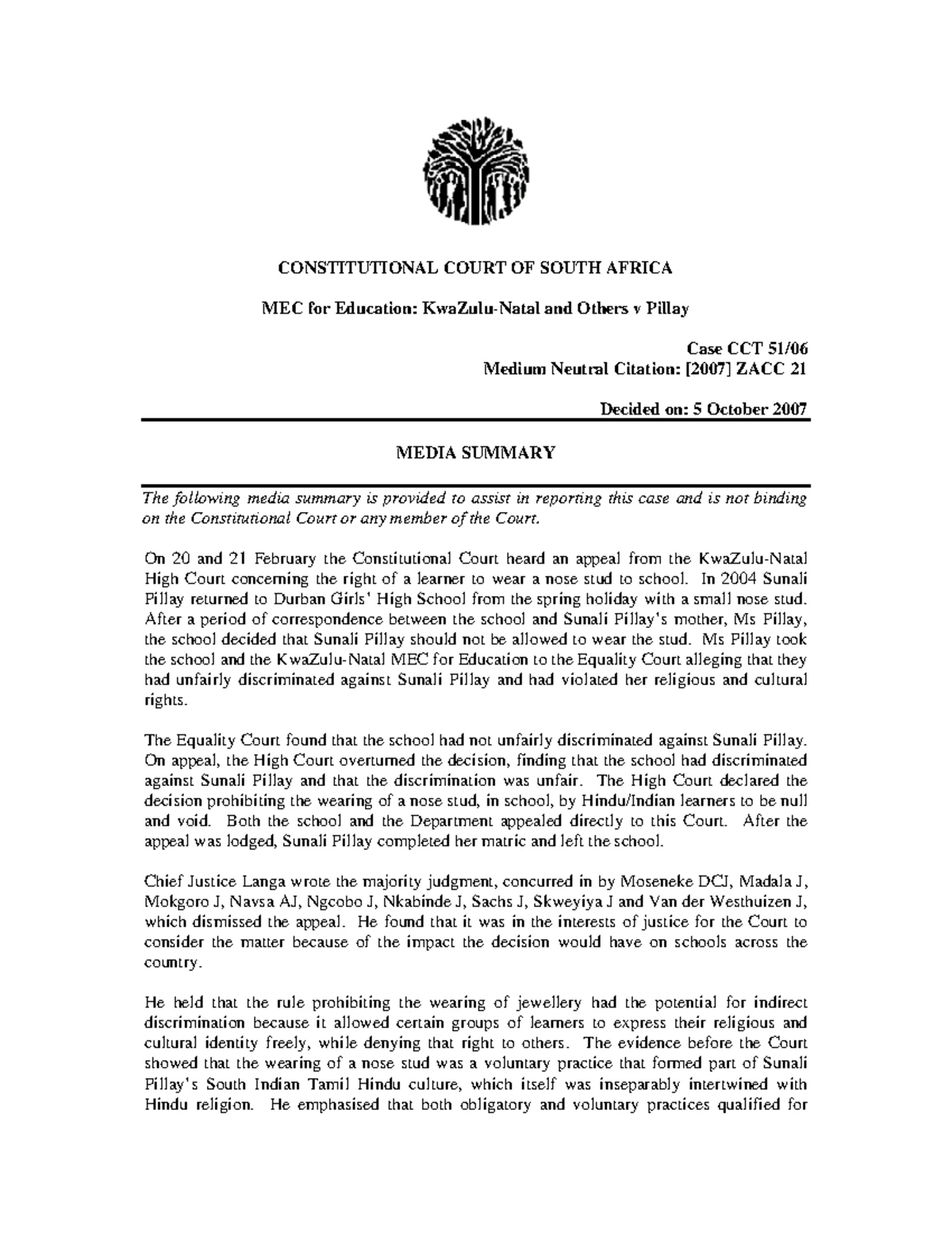 Pillay Case Summary - Pillay Case Summary 1 This case raises vital ...