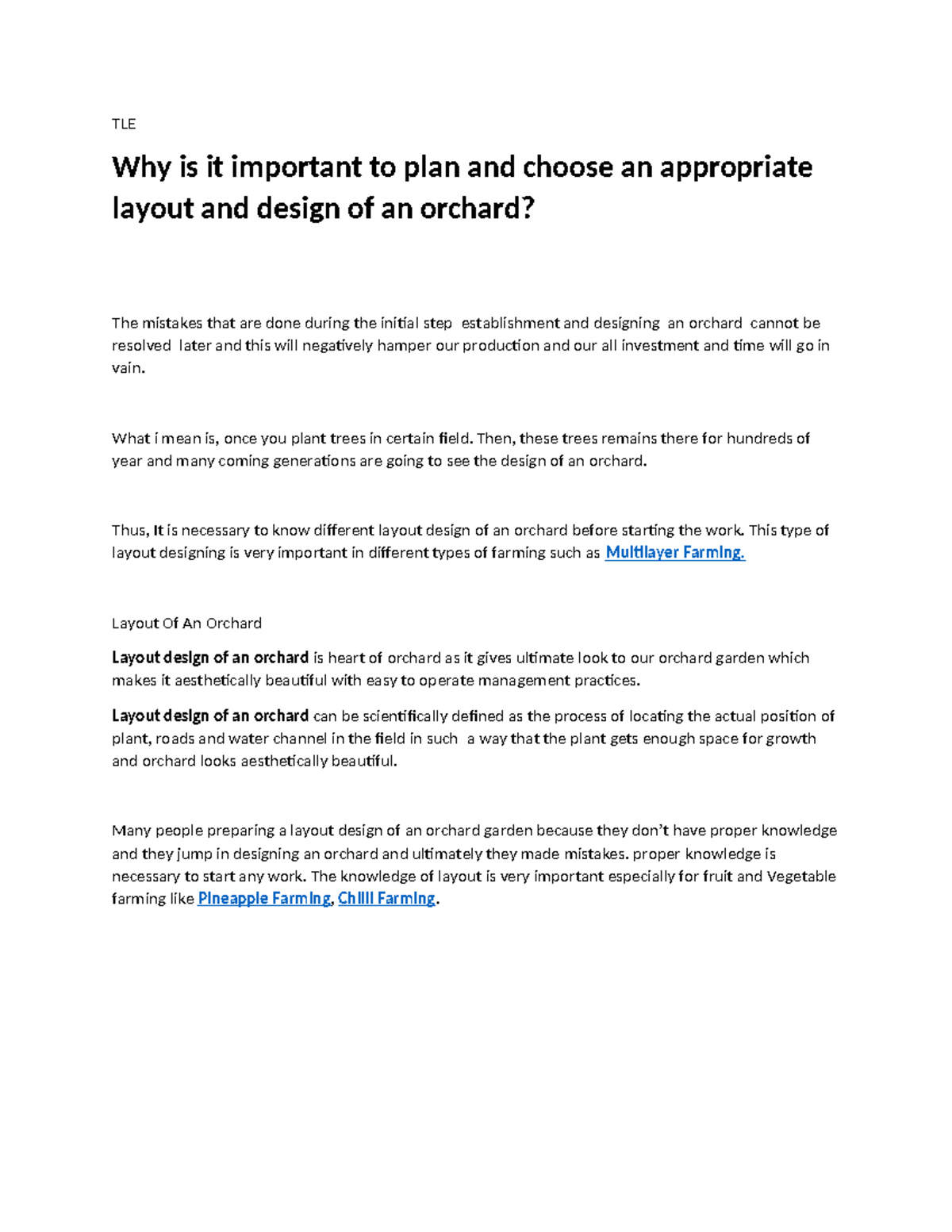 TLE WEEK 2 - PLEASE READ CAREFULLY - TLE Why is it important to plan ...