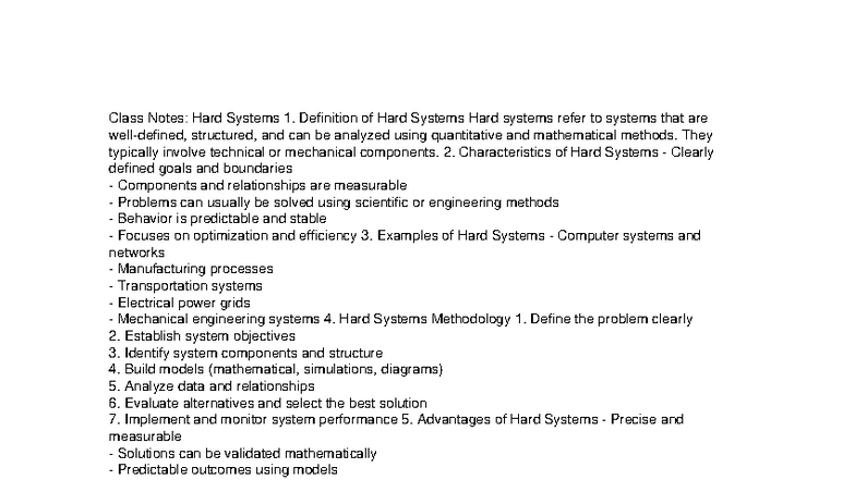 Hard Systems Class Notes: Definitions, Characteristics, and Methodology ...
