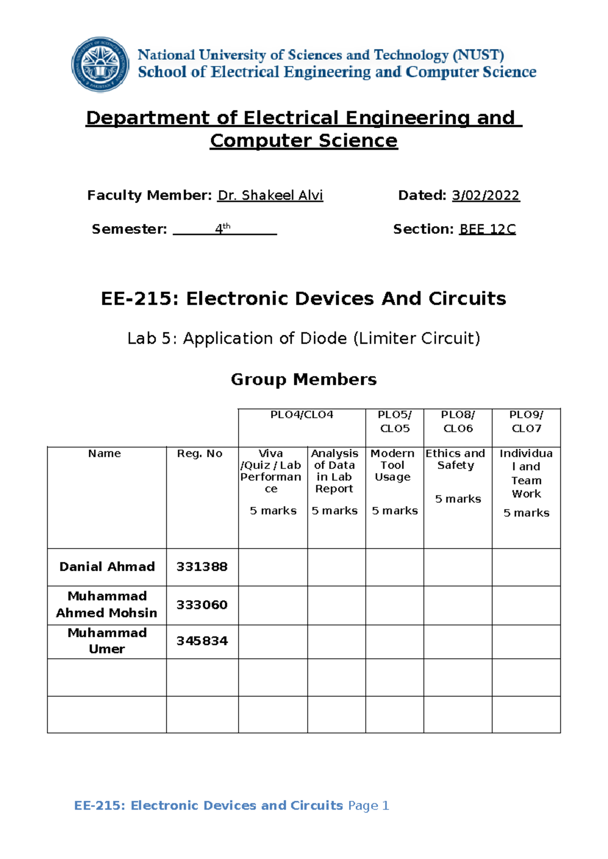 EE-215 Lab 5: Application of Diode Limiter Circuit Solutions - Studocu