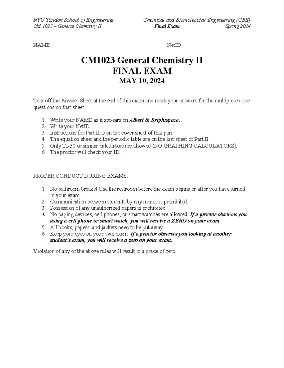 CM 1023 General Chemistry II Final Exam Review Spring 2024 - Studocu