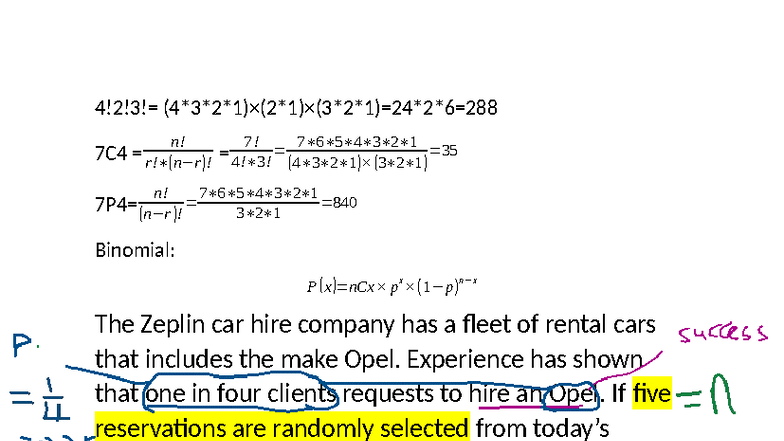 Probability Distribution: Binomial Analysis for n! and 7C4 - Studocu