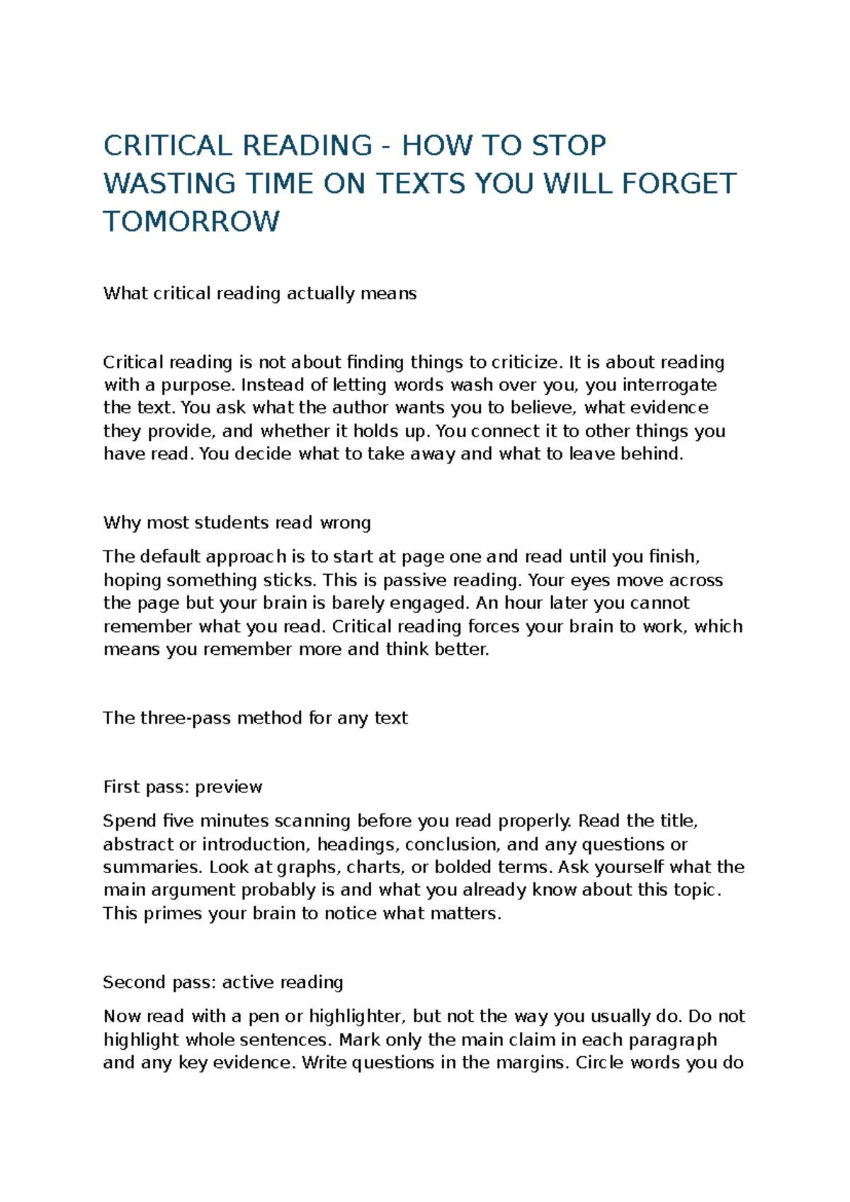 CRITICAL READING STRATEGIES: STOP WASTING TIME ON TEXTS - Studocu