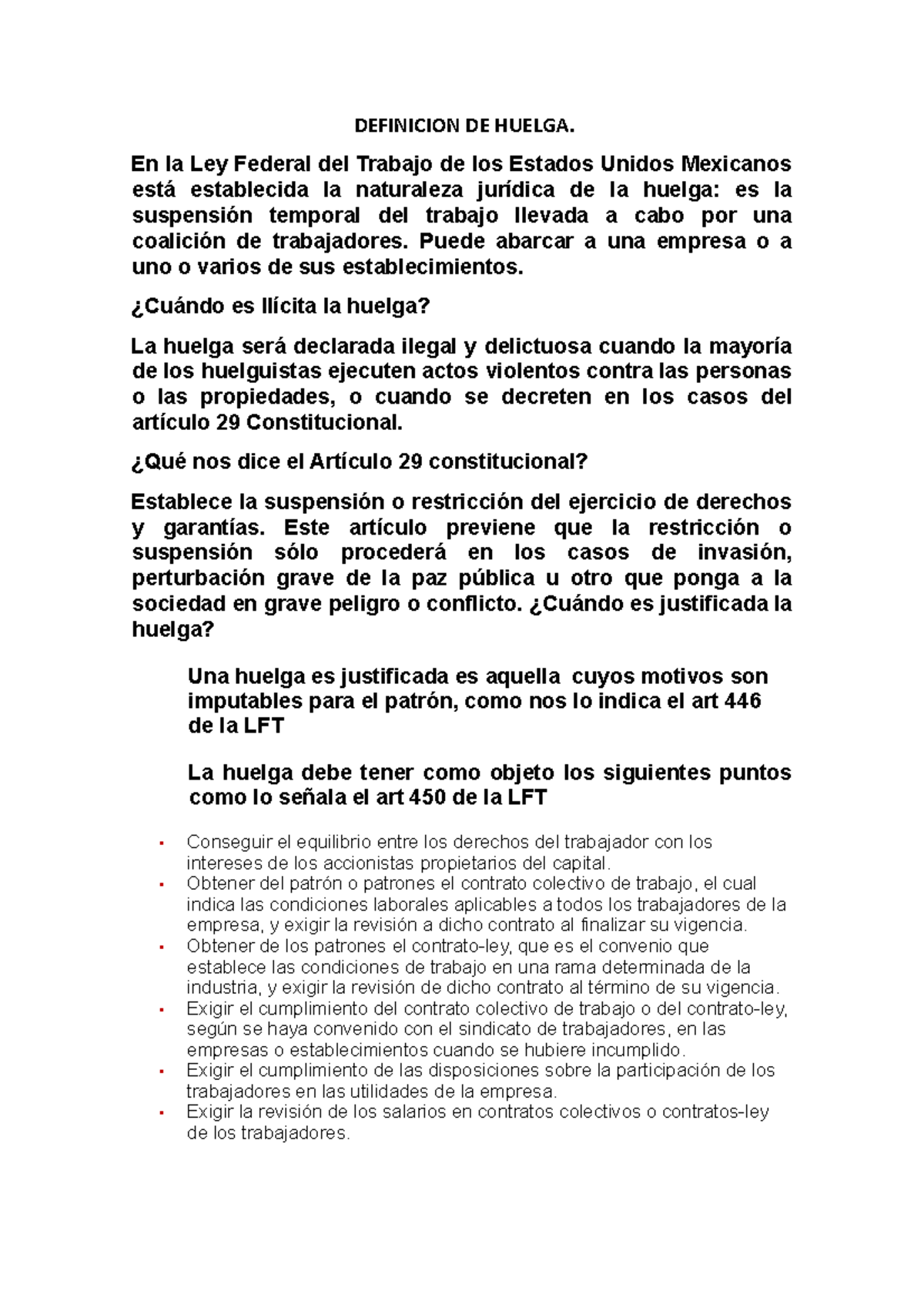 LA Huelga: Definición y Aspectos Legales en la LFT - Studocu