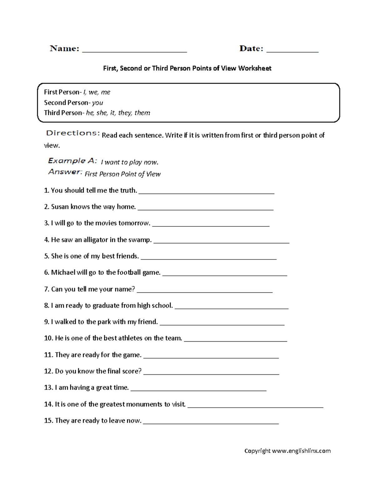 First, Second, or Third Person Point of View Worksheet - Studocu