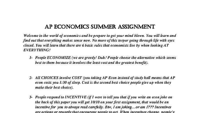 AP ECONOMICS SUMMER ASSIGNMENT: Key Economic Principles Explained - Studocu