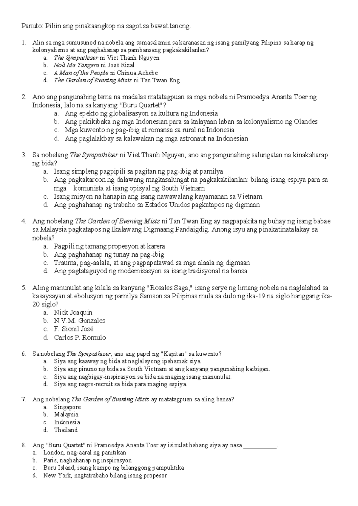 LONG QUIZ: Pagsusuri sa mga Nobela at Tunggaliang Pampanitikan - Studocu
